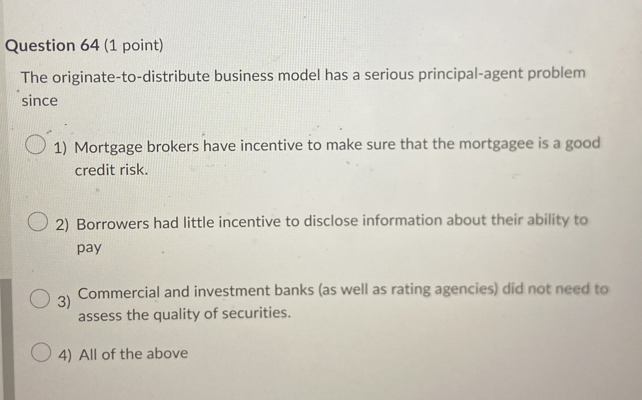 Question 64 (1 ﻿point)The originate-to-distribute | Chegg.com