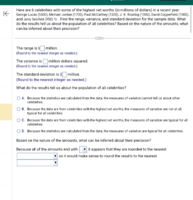 Solved Here are 6 ﻿celebrities with some of the highest net | Chegg.com