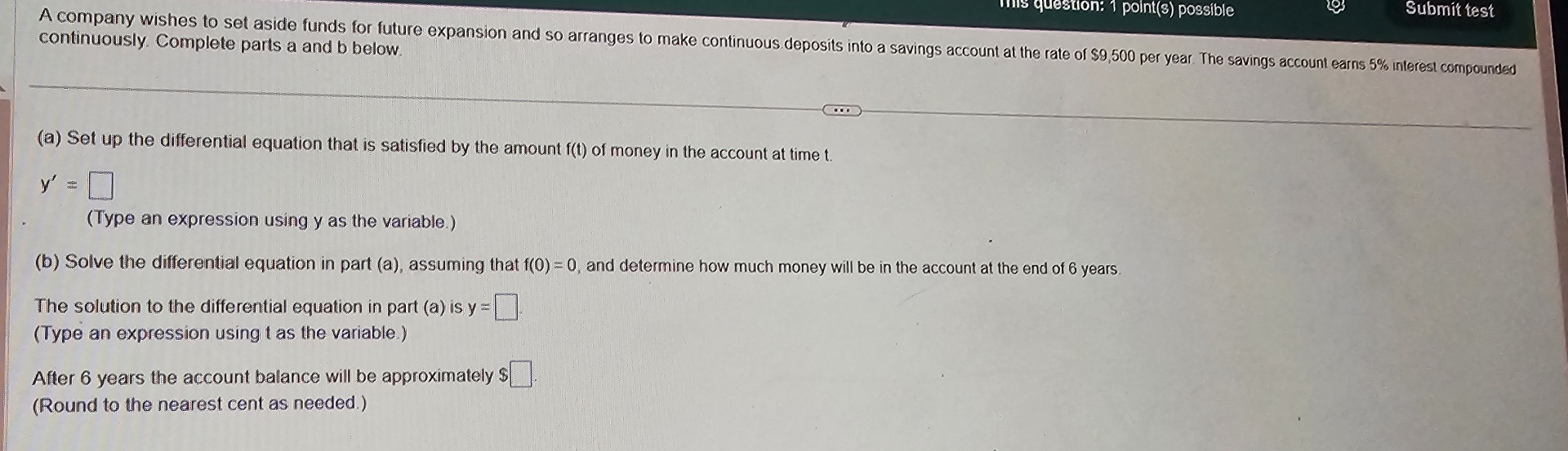Solved question: 1 ﻿point(s) ﻿possibleSubmir testA company | Chegg.com