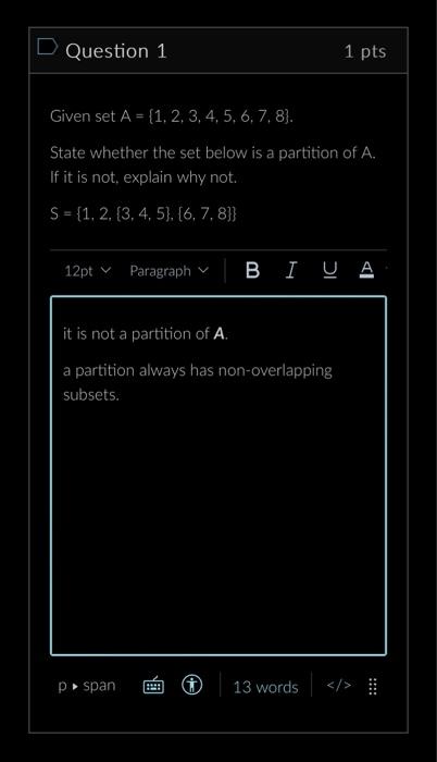Solved Given set A={1,2,3,4,5,6,7,8}. Give a partition of A | Chegg.com