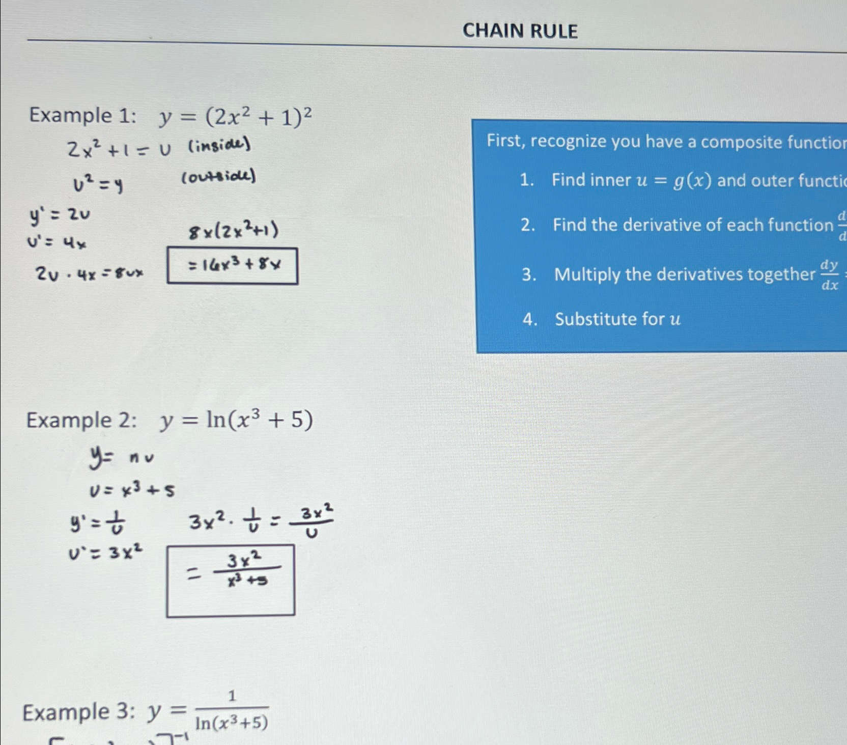 Solved CHAIN RULEExample 1: y=(2x2+1)2,2x2+1=u (inside) | Chegg.com