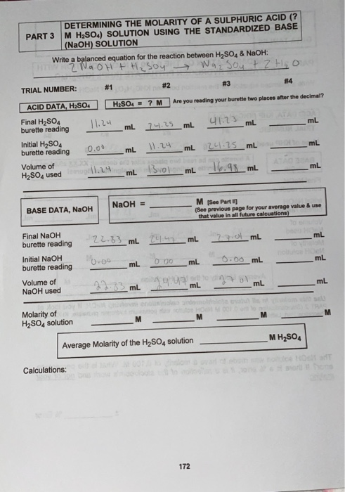 Solved DETERMINING THE MOLARITY OF A SULPHURIC ACID (? PART | Chegg.com