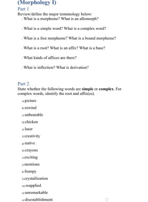 Solved (Morphology I) Part 1 Review/define the major | Chegg.com