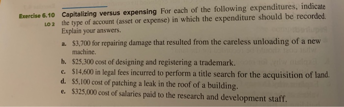 Solved Exercise 6.10 Capitalizing versus expensing For each | Chegg.com