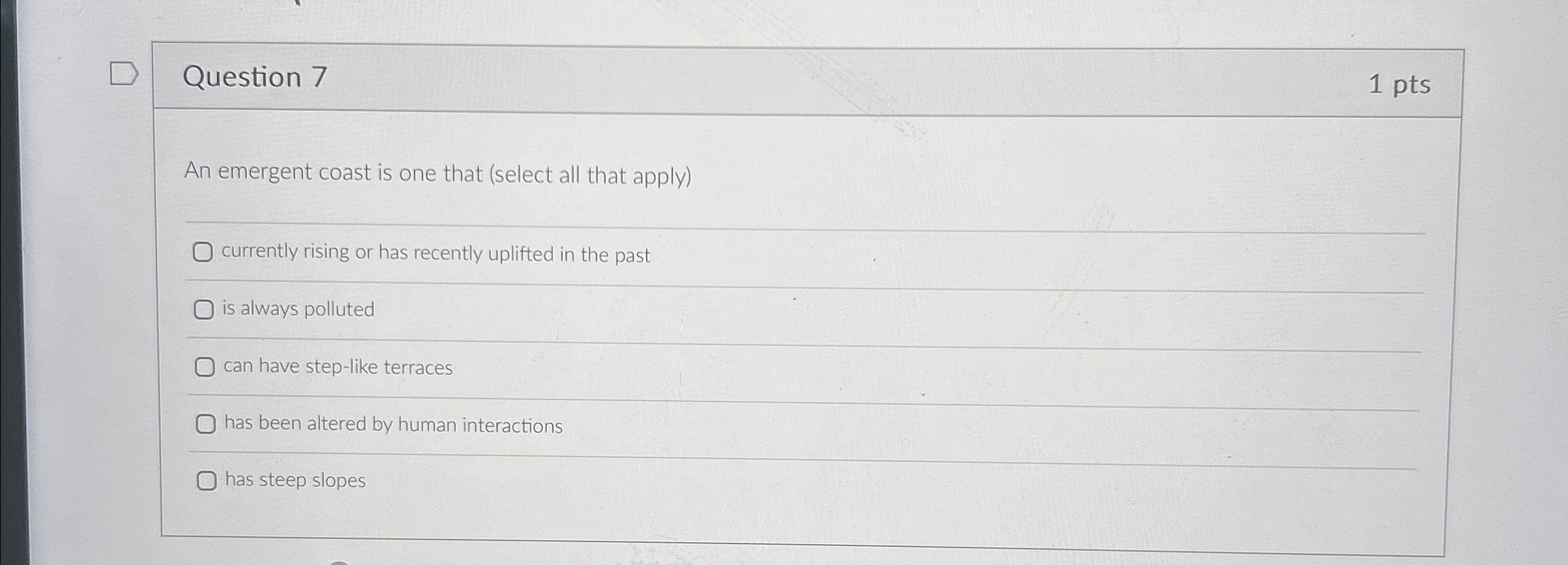 Solved Question 71 ﻿ptsAn emergent coast is one that (select | Chegg.com