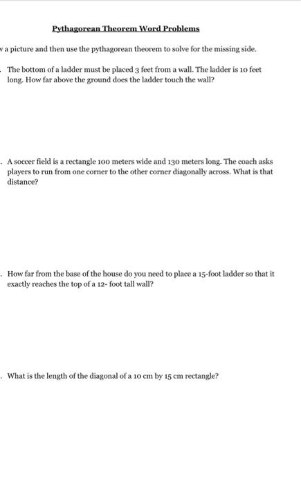 Solved Pythagorean Theorem Word Problems v a picture and | Chegg.com