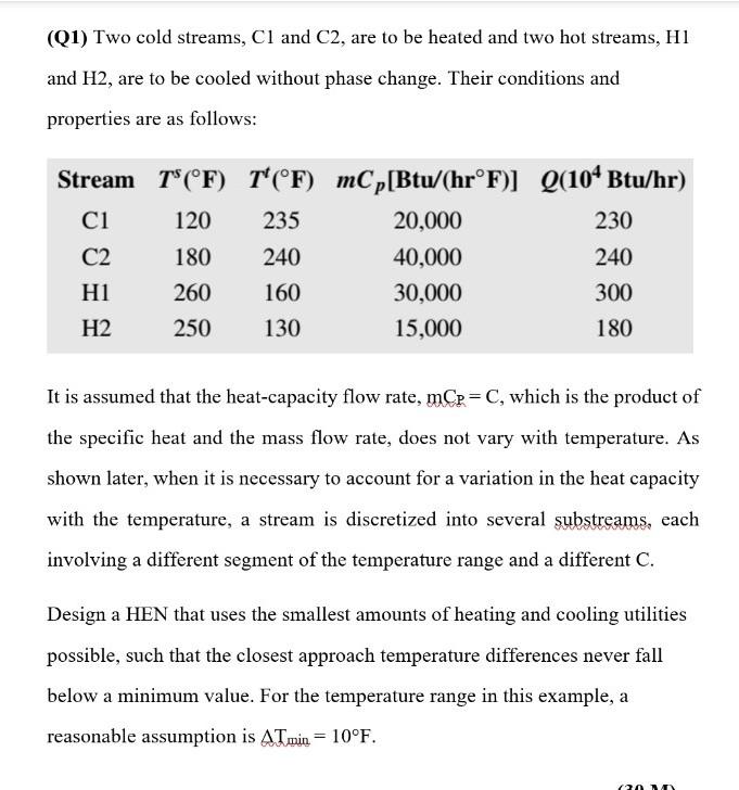 Solved (Q1) Two cold streams, C1 and C2, are to be heated | Chegg.com