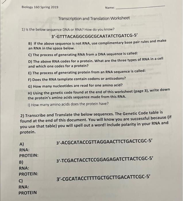 Solved 1) Is the below sequence DNA or RNA? How do you know? | Chegg.com