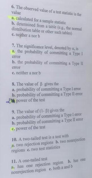 Solved 6. The observed value of a test statistic is the | Chegg.com
