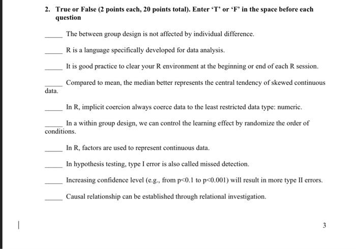Solved 2. True or False ( 2 points each, 20 points total). | Chegg.com