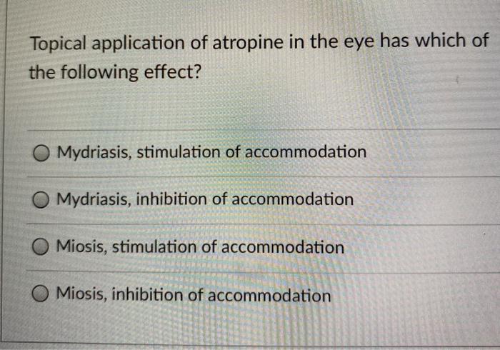 Solved Topical application of atropine in the eye has which | Chegg.com