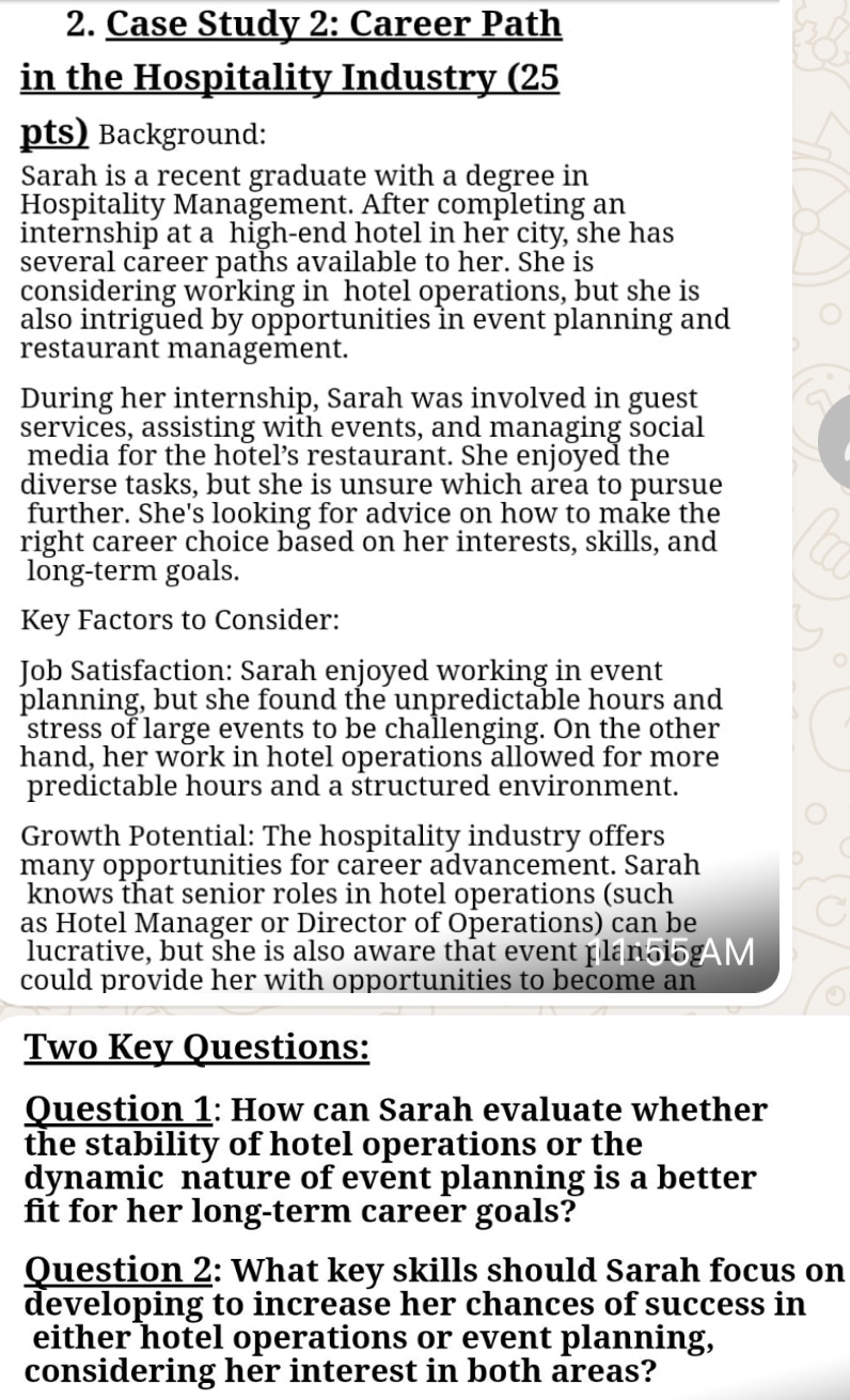 Solved Case Study 2: Career Pathin the Hospitality Industry | Chegg.com