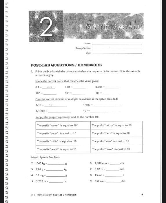 Solved 2 Metric System Name: Biology Section Date 10- | Chegg.com