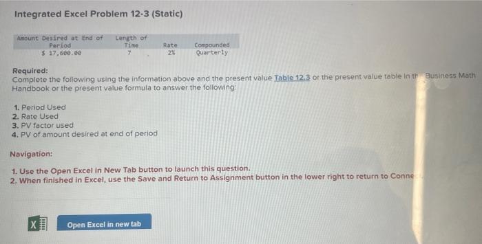 Solved Integrated Excel Problem 12−3 (Static) Required: | Chegg.com