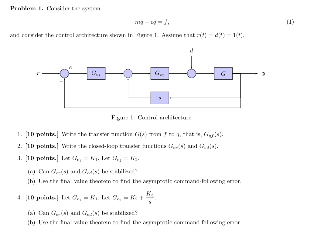 Solved Problem 1. ﻿Consider the systemmq¨+cq˙=f,and consider | Chegg.com