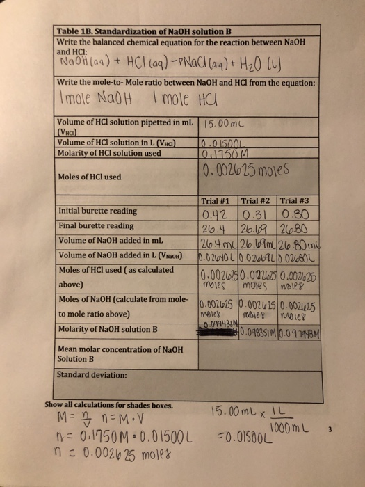 Solved Table 1B. Standardization of NaOH solution B Write | Chegg.com