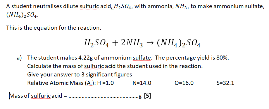 Solved A student neutralises dilute sulfuric acid, H2SO4, | Chegg.com
