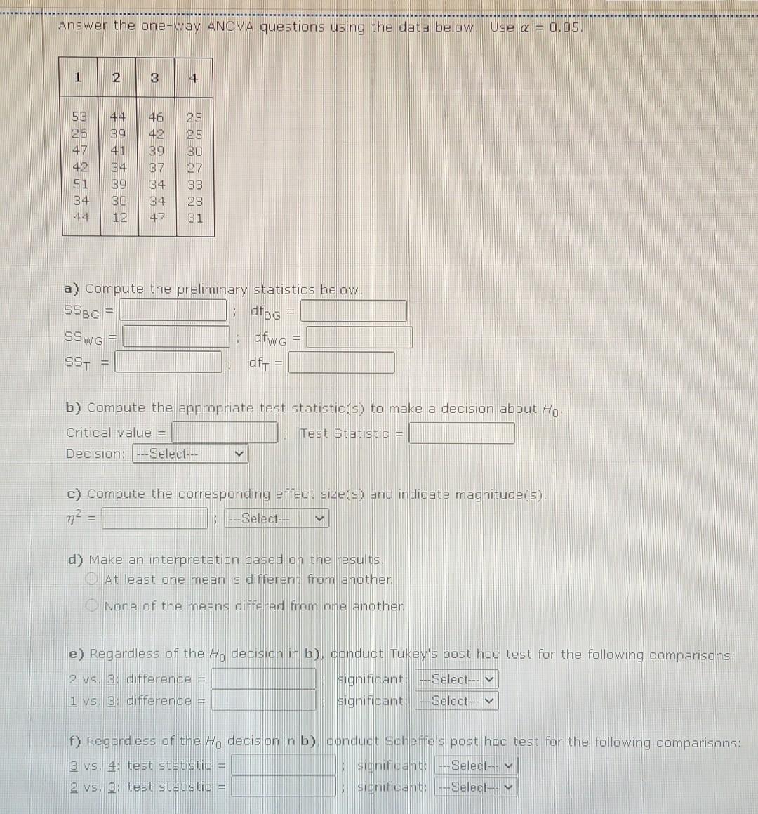 Solved Answer the one-way ANOVA questions using the data | Chegg.com