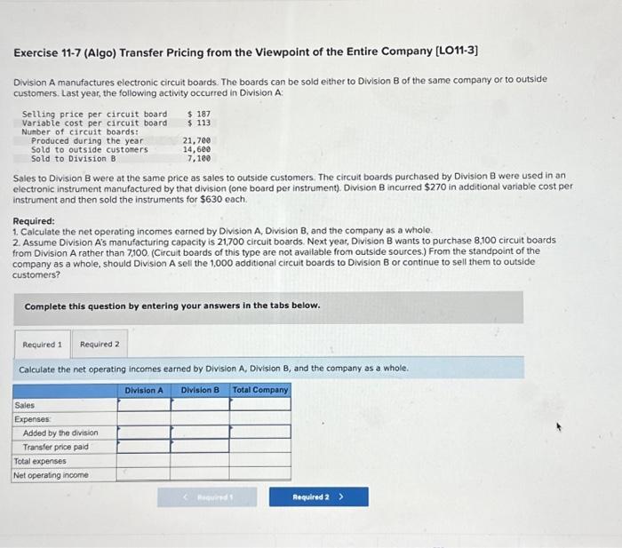 Solved Exercise 11-7 (Algo) Transfer Pricing from the | Chegg.com