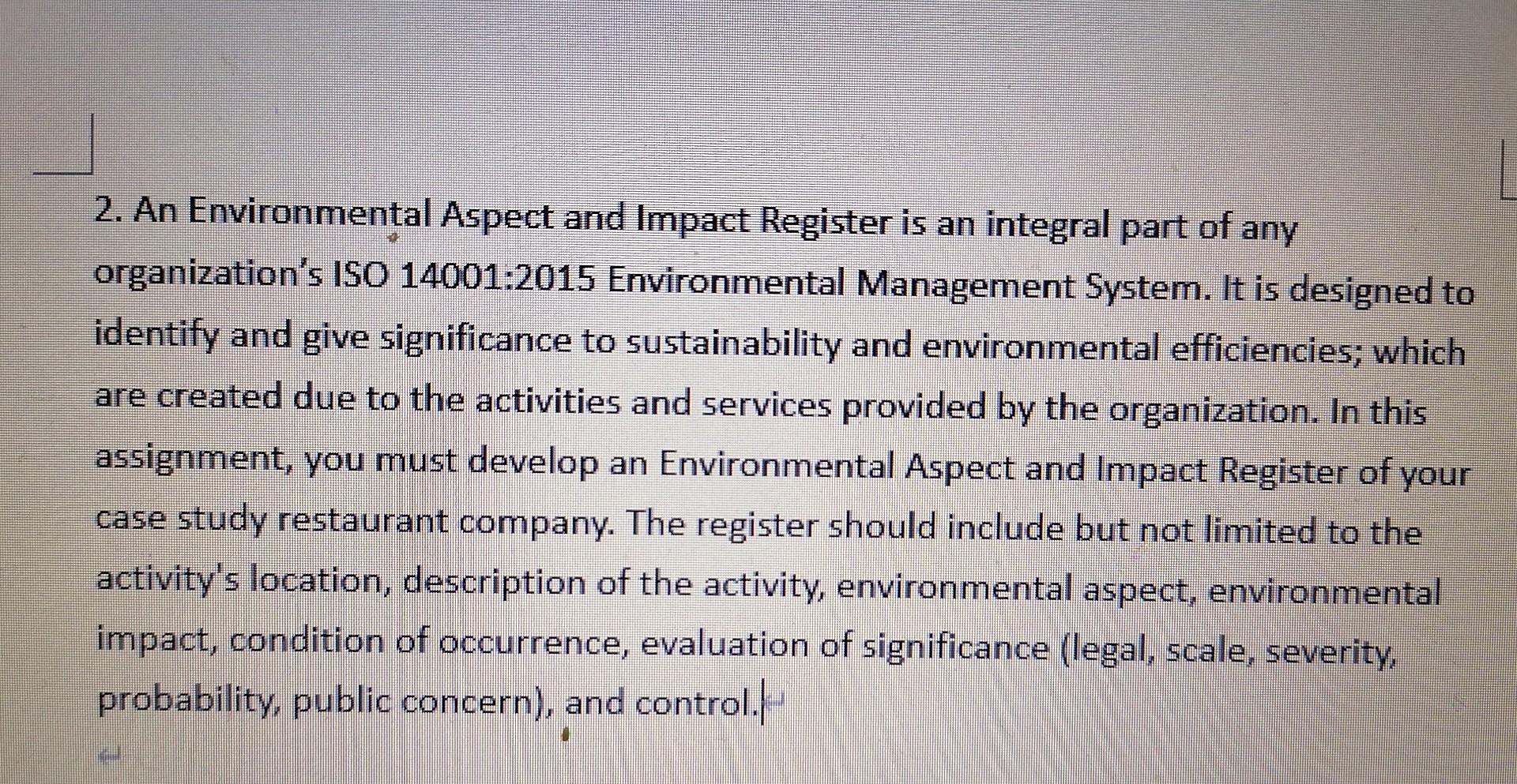 2. An Environmental Aspect and Impact Register is an | Chegg.com