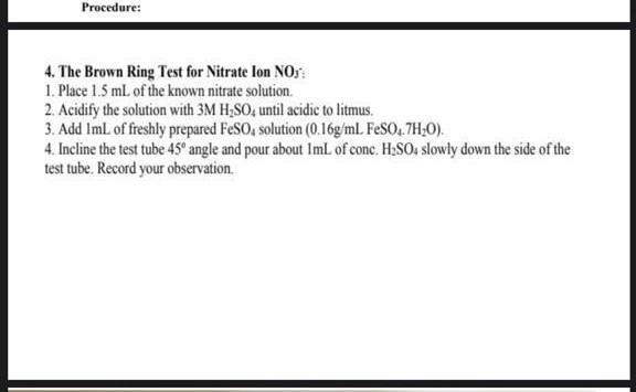 Solved Procedure: 4. The Brown Ring Test for Nitrate Ion | Chegg.com