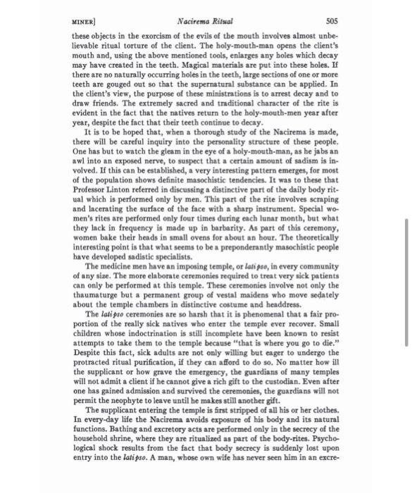 Body Ritual among the Nacirema HORACE MINER | Chegg.com