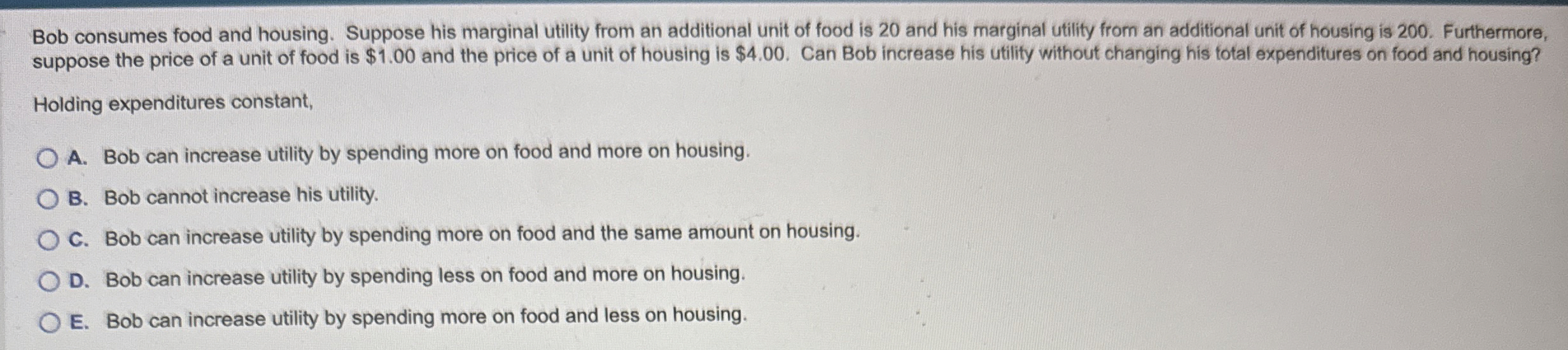 Solved Bob consumes food and housing. Suppose his marginal | Chegg.com
