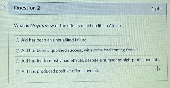Question 2 What is Moyo's view of the effects of aid | Chegg.com