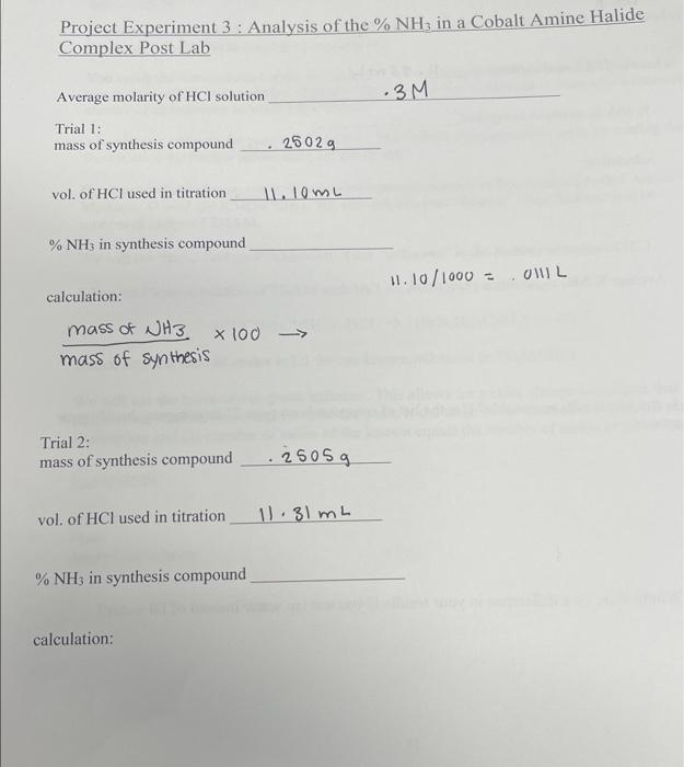 Solved Project Experiment 3 : Analysis of the %NH3 in a | Chegg.com