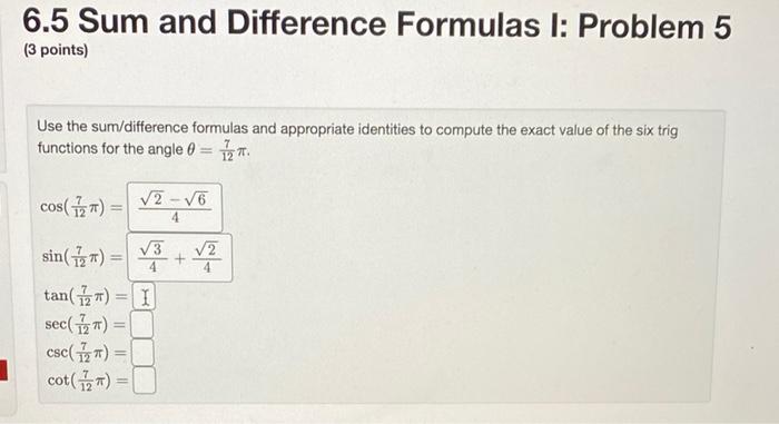 Solved 6.5 Sum and Difference Formulas I: Problem 5 (3 | Chegg.com