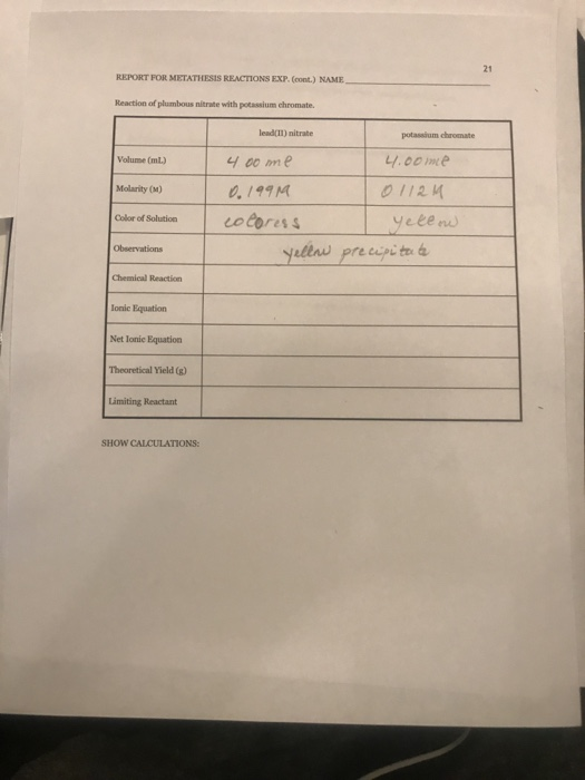 Solved Report For Metathesis Reactions Exp Cont Name