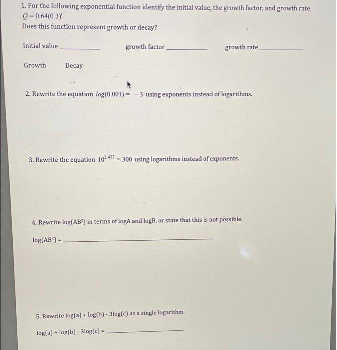 Solved 1. For the following exponential function identify | Chegg.com
