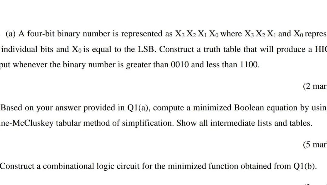 Solved (a) A four-bit binary number is represented as X3 X2 | Chegg.com
