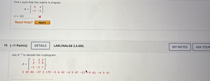 Solved Find x such that the matrix is singular. | Chegg.com