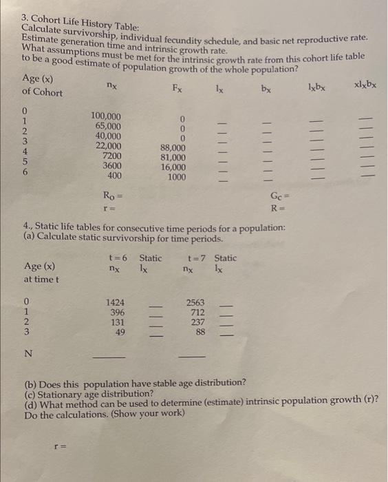 Solved 3. Cohort Life History Table: Calculate survivorship, | Chegg.com