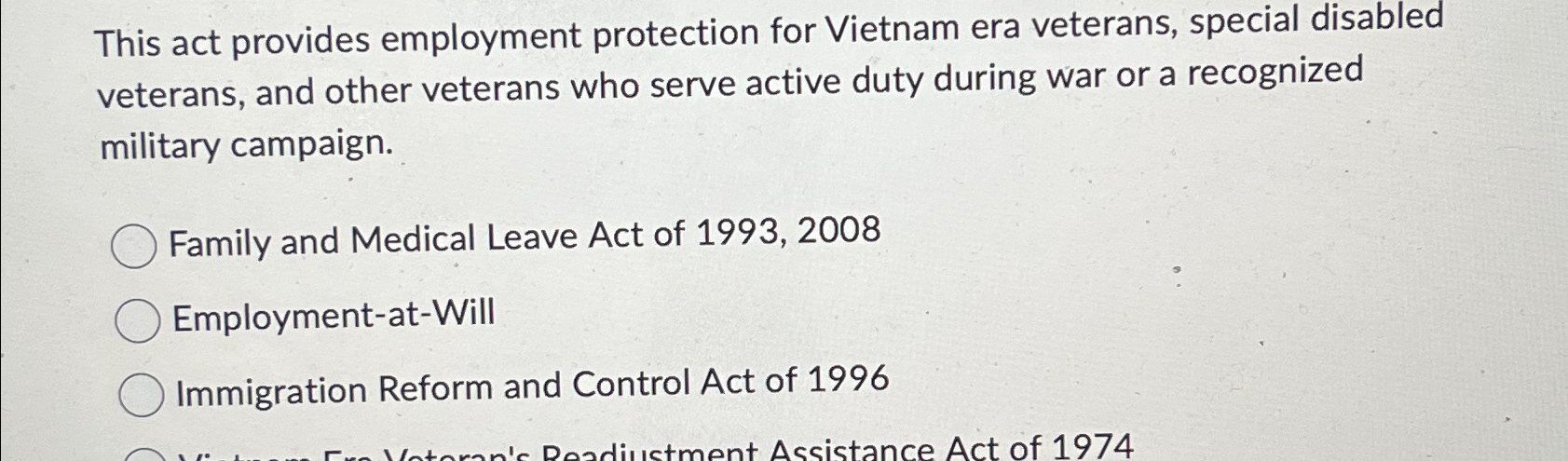 Solved This act provides employment protection for Vietnam | Chegg.com