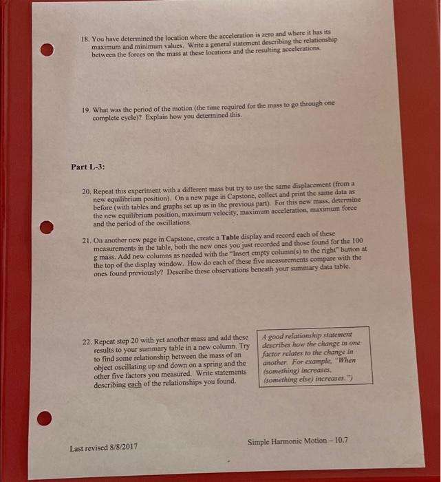 Simple Harmonic Motion - Prelab Name: Date: Labday & | Chegg.com
