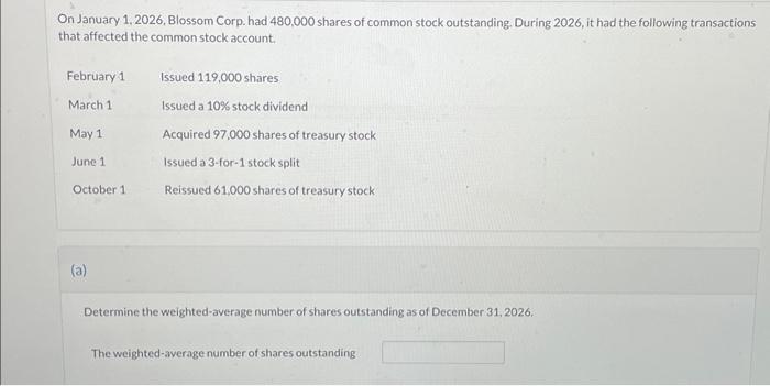 Solved On January 1, 2026, Blossom Corp. had 480,000 shares | Chegg.com