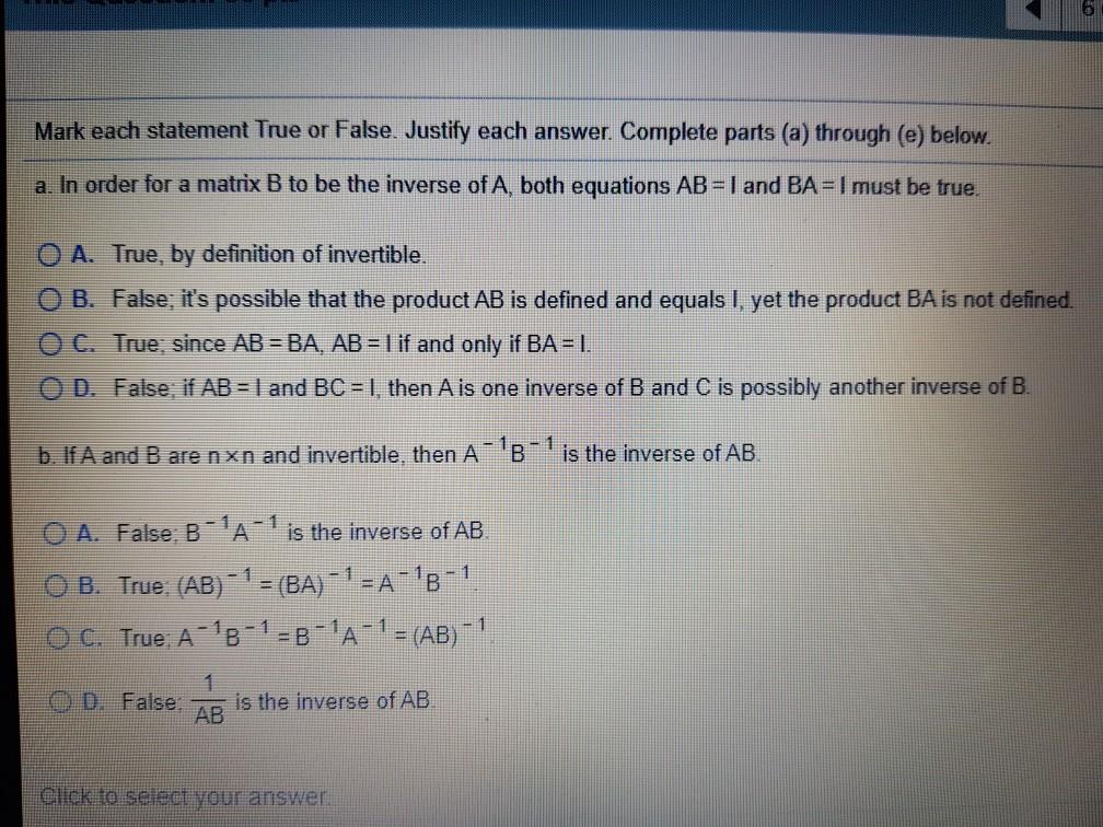 Solved Mark each statement True or False. Justify each | Chegg.com