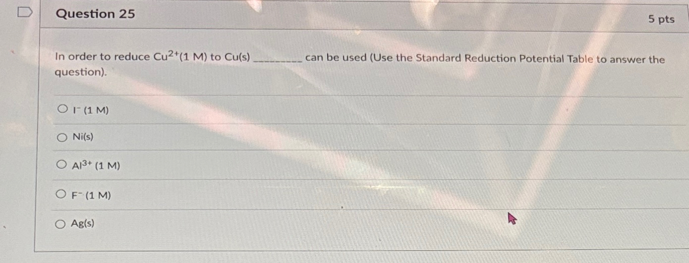 Solved Question 255 ﻿ptsIn order to reduce Cu2+(1M) ﻿to | Chegg.com