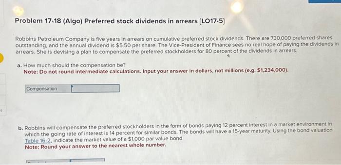 Problem 17.18 (Algo) Preferred stock dividends in | Chegg.com