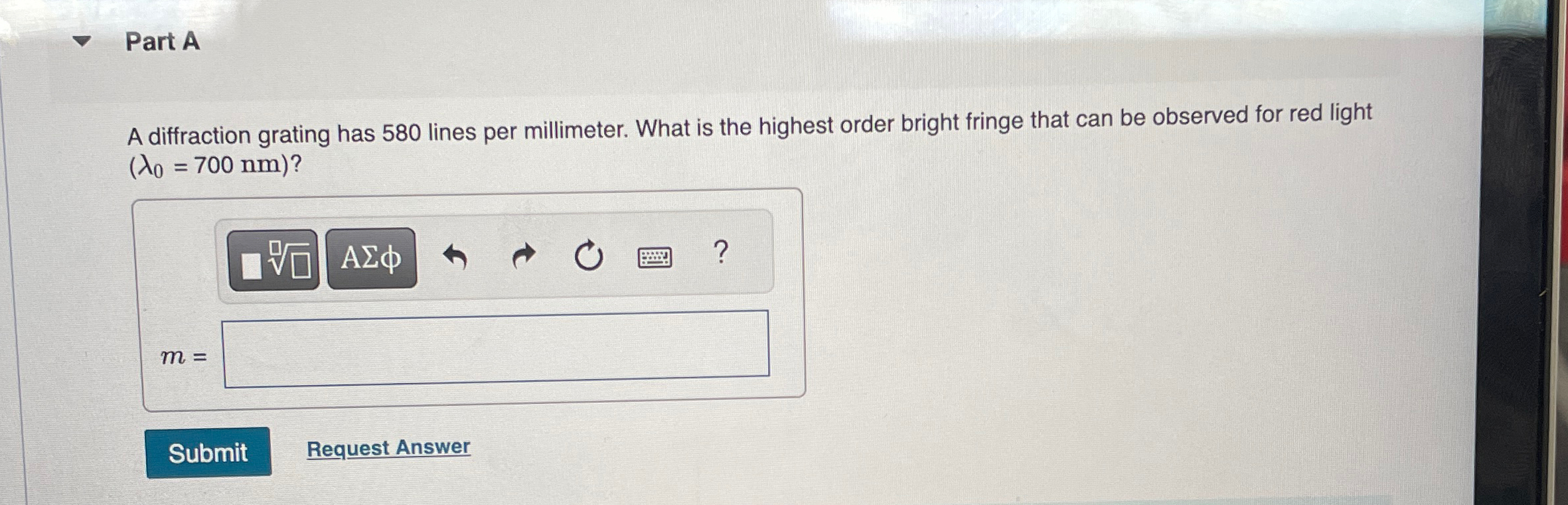 Solved Part AA diffraction grating has 580 ﻿lines per | Chegg.com