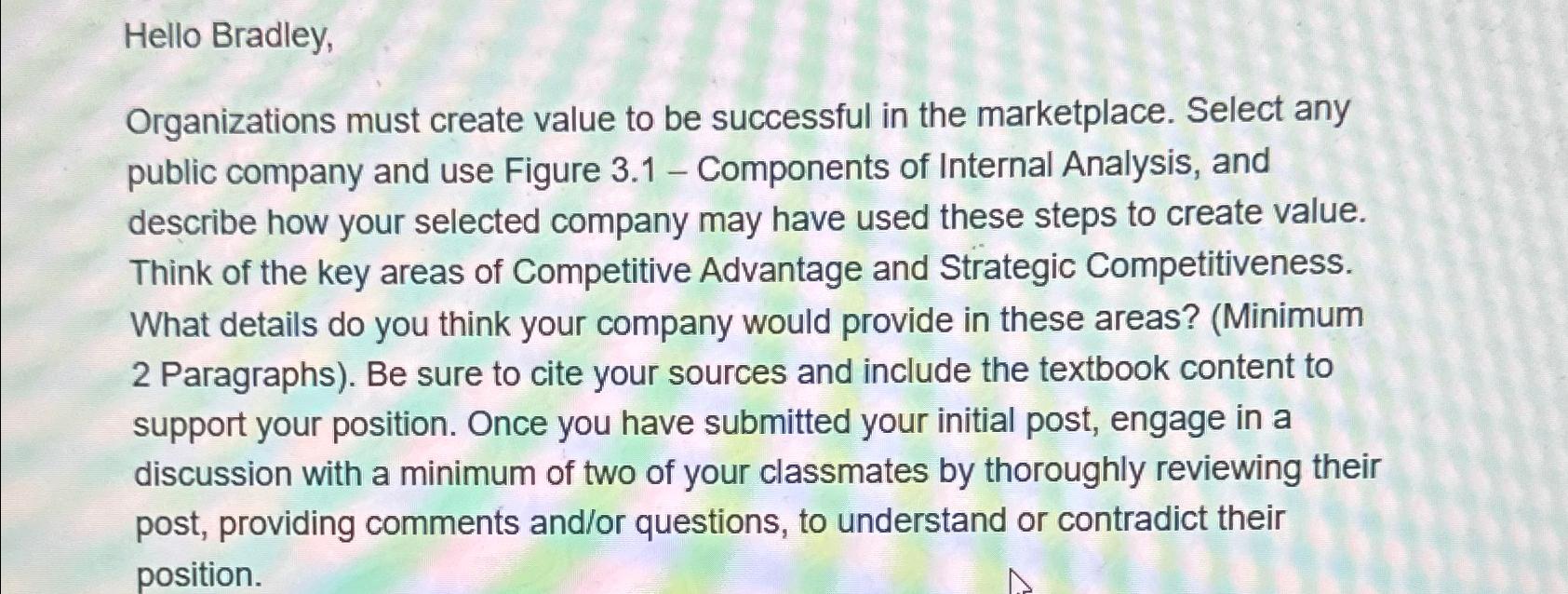 Solved Hello Bradley,Organizations must create value to be | Chegg.com