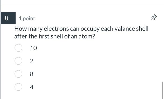 Solved 1 point How many electrons can occupy each valance | Chegg.com