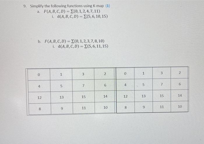 Solved 9. Simplify the following functions using K-map (1) | Chegg.com