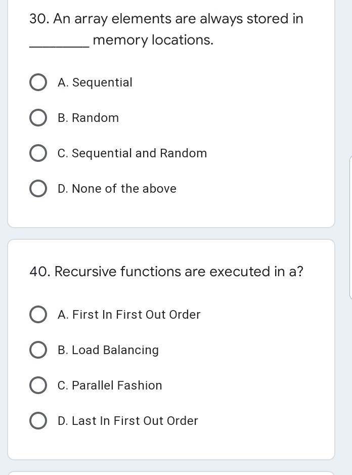 Solved 30. An array elements are always stored in memory | Chegg.com