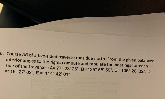 Solved 6. Course AB of a five-sided traverse runs due north. | Chegg.com