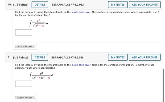 Solved [−12 Points ] BERRAPCALCBR7 6.2.033. Find the | Chegg.com
