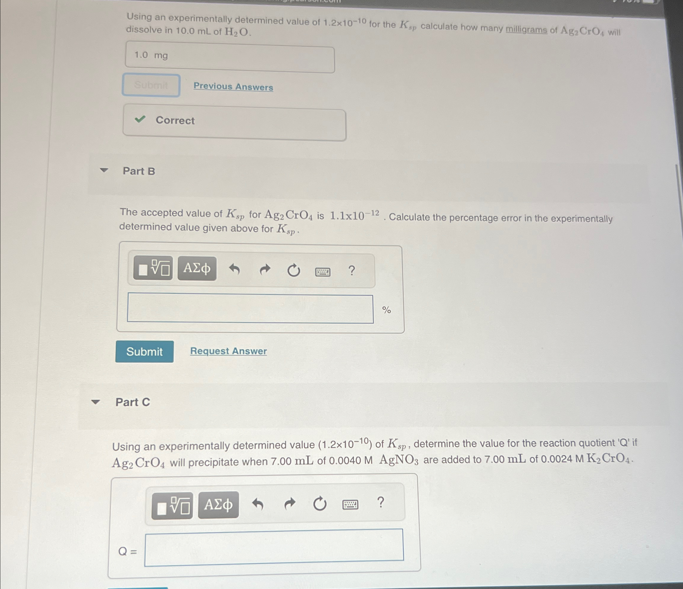 Using an experimentally determined value of 1.2×10-10 | Chegg.com