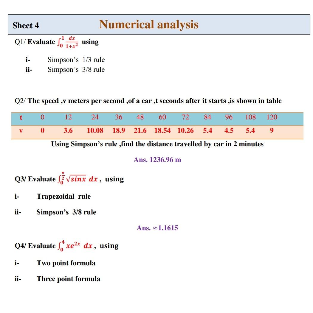 Solved Sheet 4 Numerical analysis 01/ Evaluate S. 1472 using | Chegg.com